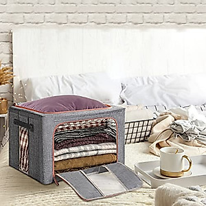 66L Clothes Storage Bins with Metal Frame, Fiberboard Bottom Thick Cotton Linen Protect from Moisture Dust Double Opening Zipper Perfect for Clothing Toys Sheets Blankets (Set of 3)