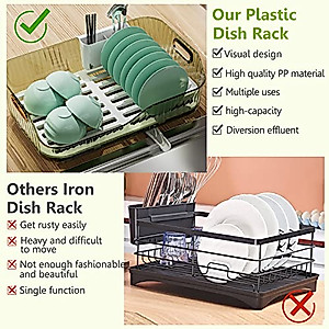 FOCUS FINEST Dish Drying Rack, Dish Drainer for Kitchen Counter with Drainboard and Utensil Holder, Rustproof PET Use to Last