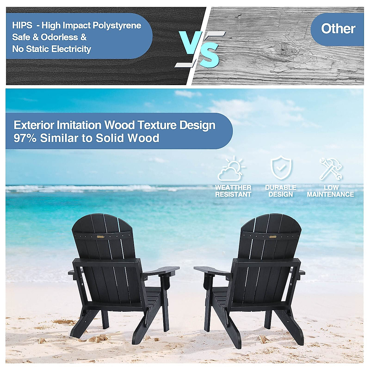 Folding Adirondack Chairs Set of 4, All Weather Resistant Plastic Chairs with Cup Holder, Fold or Unfold Easily in 1 Second, Outdoor Chairs for Patio, Garden, Backyard Deck, Lawn Fire Pi t- Black