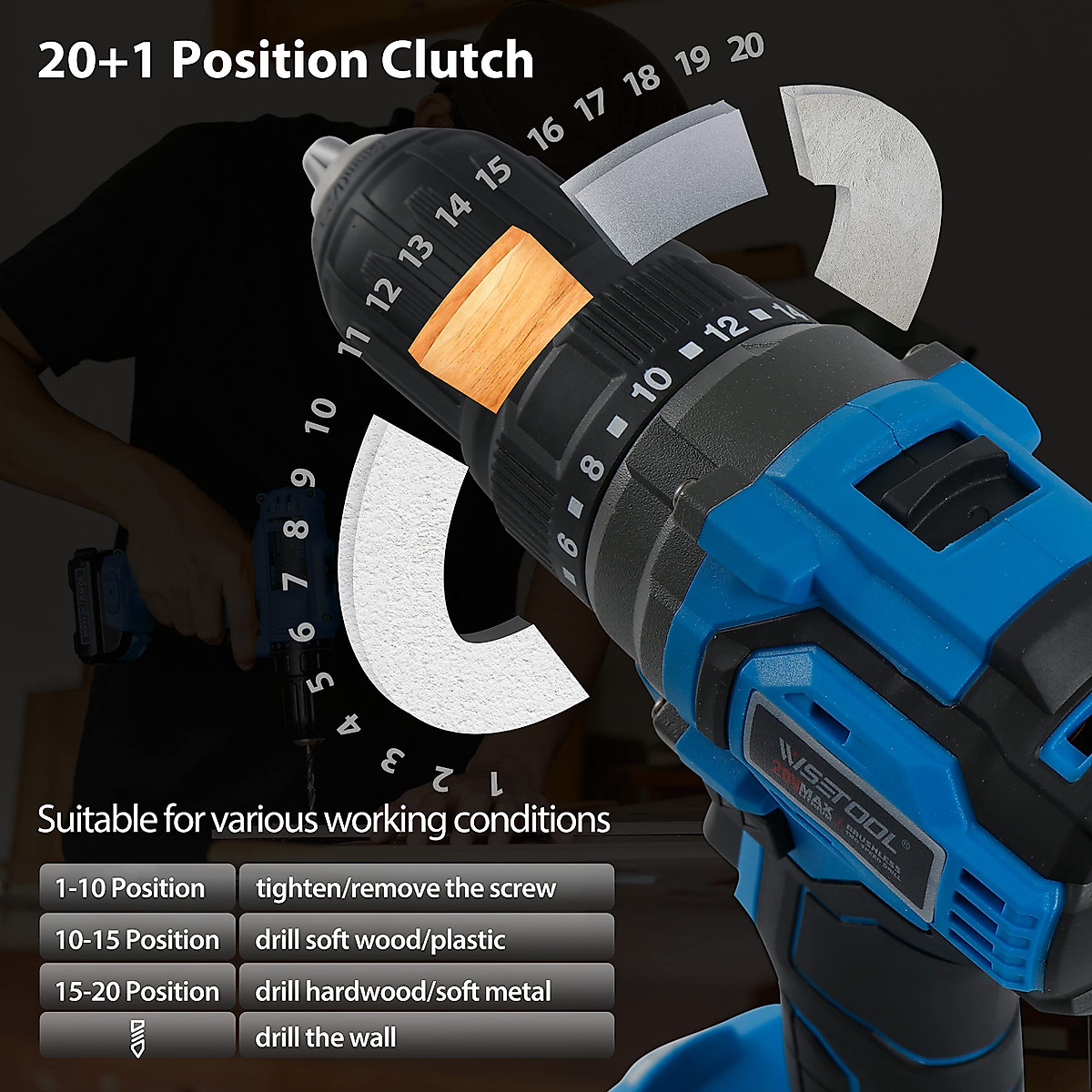 WISETOOL Cordless Drill Set,20V MAX Brushless Drill Driver Kit with Charger,Electric Power Cordless Drill Kit with 1/2'' Keyless Chuck,620 In-lbs Torque,2 Variable Speed,Built-in LED