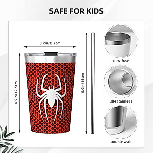PAYOHTO Red Spider Skin Pattern Superhero Insulated Stainless Steel Tumbler 12 oz Thermos Come with Straw Kids Leak-Proof Travel Mug Cup