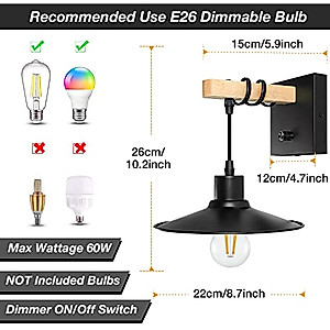 OOWOLF Plug in Wall Sconces Set of Two, Farmhouse Wall Mounted Light with Plug in Cord, Dimmable Black Rustic Wall Lamp for Bedroom, Living Room, with Wood Arm and 59inch On/Off Switch Cord, 2 Pack