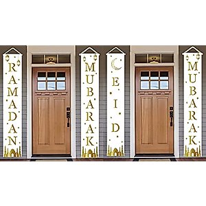 2 in 1 Ramadan Eid Mubarak Door Banner for Home,Mosque,Iftar,Eid Al Adha,Eid Al Fitr, Ramadan and Eid Decoration, Includes 1 Crescent and Star Banner (White)