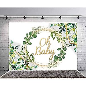 Flowerstown Oh Baby Backdrop 5x3ft Oh Baby Sign for Backdrop Green Leaves Floral Baby Shower backdrops for Photography Newborn Announce Pregnancy Party Decorations Backdrop FT090-XS