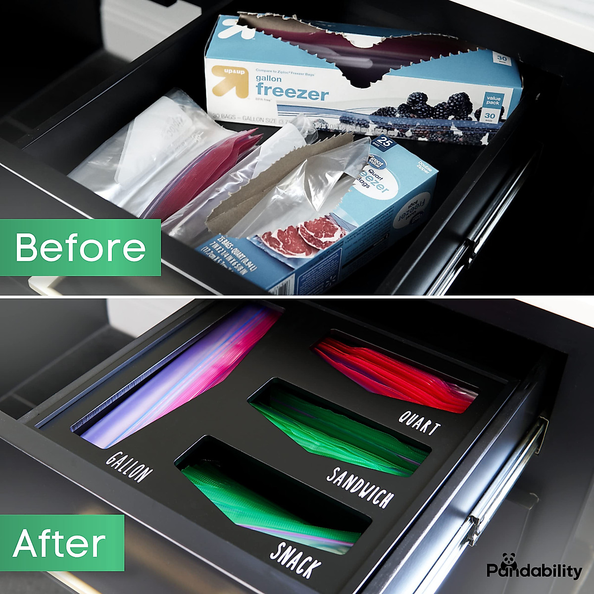 Pandability Premium Storage Bag Organizer for Drawer – Kitchen Organization – Food Storage Container - Compatible with Ziplock Style Bags, Quart Bags & Gallon Bags – Bamboo w/Farmhouse Font - Black