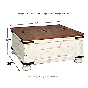 Signature Design by Ashley Wystfield Farmhouse Square Storage Coffee Table with Hinged Lift Top, Distressed White