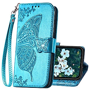 Designed for iPhone 13 Case Wallet for Women,Flip Folio Cover with Butterfly Embossed PU Leather Kickstand Credit Card Holder Slots Magnetic Wrist Strap Protective Phone Case for iPhone 13 (Blue)