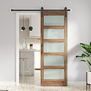 FREDBECK 30 x 84 inch Glass Barn Door with 5.5FT Barn Door Hardware Kit Included,5-Panel Frosted Glass,Water-Proof Surface,Pre-Drilled Holes,Need Assembly,Fit 27in-28in Opening