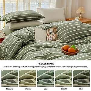 JELLYMONI Bedding Duvet Cover Twin Size - 100% Washed Cotton Linen Like Textured Striped Comforter Cover, 3 Pieces Breathable Soft Bedding Set with Button Closure (Green&White Stripe, Twin 68"x90")