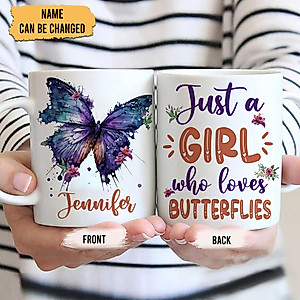 Hyturtle Personalized Gifts Butterfly Lover - Just A Girl Who Loves Butterflies Custom Name Ceramic Coffee Mug Cup 11oz - Idea Cute Animal Lover Gifts For Women, Girl Daughter On Birthday, Christmas