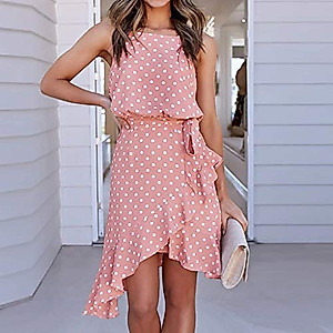 Shakumy Women Casual Sleeveless Halter Neck Boho Print Mini Dress Ruffle Irregular Hem Party Beach Tunic Short Dress