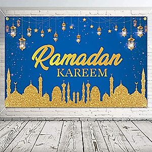 JOZON Ramadan Kareem Backdrop Banner 71 x 45 Inch Large Size Ramadan Mubarak Blue Gold Background Banner Islamic Eid Mubarak Festival Party Decorations Supplies Muslim Ramadan Photo Booth Props