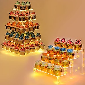 4 Tier Shelf Cake Pop Stand (Yellow) +5 Tier Premium Cupcake Holder, Acrylic Cupcake Tower Display – Cady Bar Party Décor, Acrylic Display for Pastry Weddings, Birthday (Yellow)