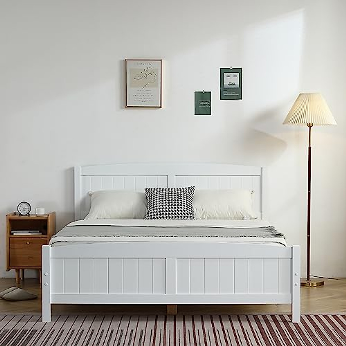 ZKTYQUIHE Wooden Bed,Queen Pine Single-Layer Core Vertical Stripe Full-Board Curved Headboard with The Same Bed Tail, White