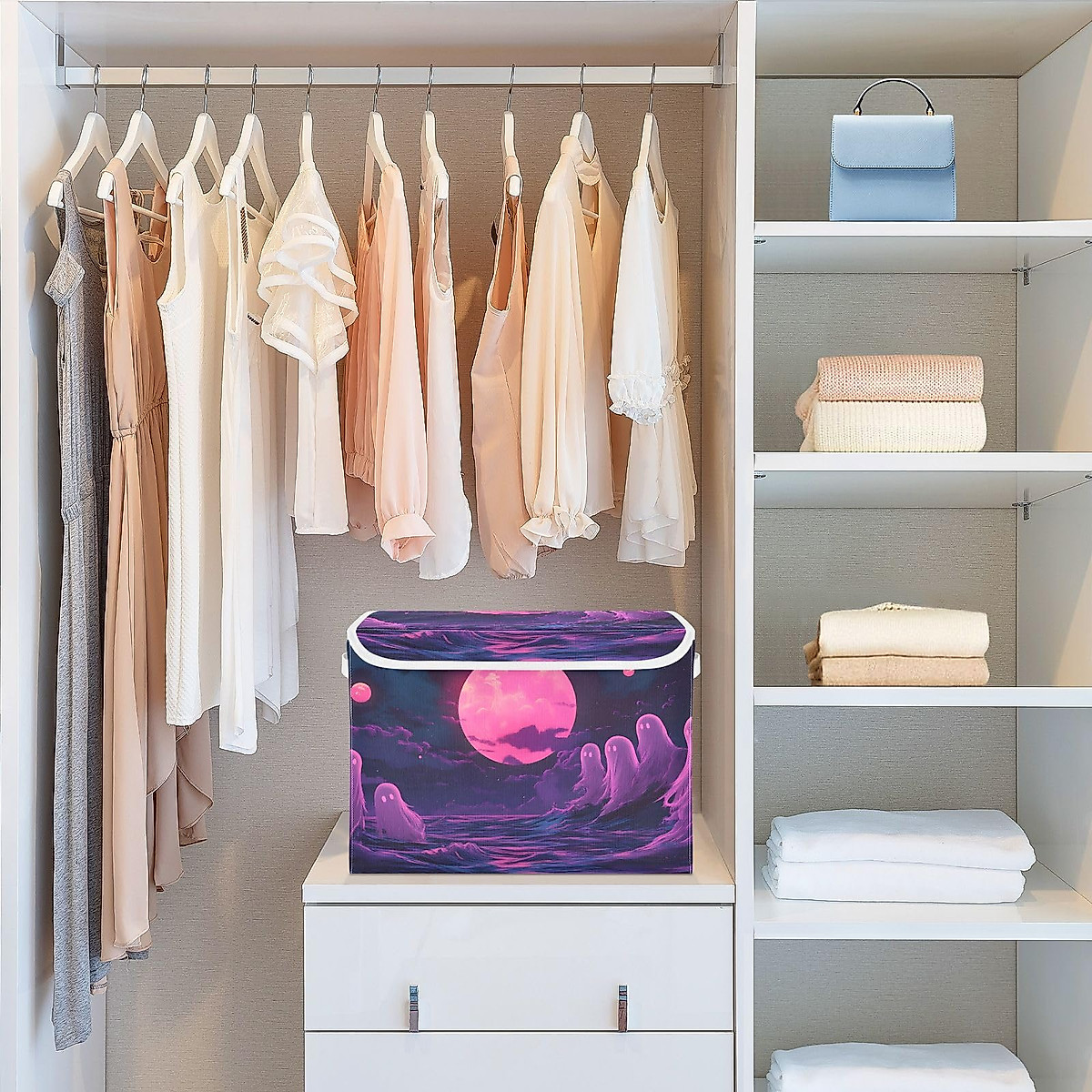 YMGQYJ Storage Cube Halloween Comic Print with Lid, Collapsible Large Capacity Foldable Storage Basket Bin Organizer 16.5×12.6×11.8 inches