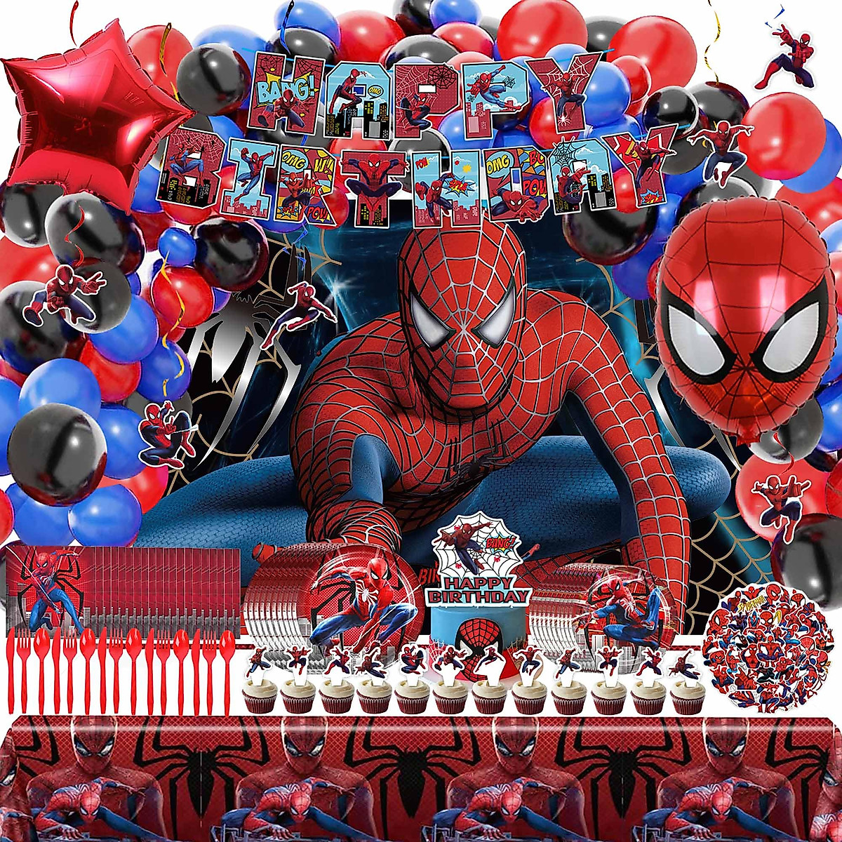 Spider Birthday Decorations, Spider Party Decorations Includes Spider Balloons Arch Garland Kit Banner Tableware Set Backdrop Tablecloth Spider Stickers for Birthday Baby Shower Supplies