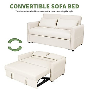 Aoowow Convertible Sleeper Sofa Bed 57 Inches, Velvet 2 Seats Sofa with Pull Out Bed,Loveseat Sofa Couch with Adjustable Backrest, 2 Pillows Side Pocket for Living Room Small Apartment (Beige)