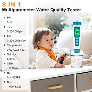 Consfly PH Meter TDS Meter 8 in 1 Water Quality Tester PH/TDS/EC/ORP/S G/Salinity/ H2/ Temp Meter, Used for Drinking Water, Pools, Hydroponics, Sea Water, Liquid Fertilizer