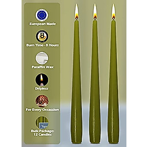Hyoola Tall Taper Candles - 10 Inch Olive Green Unscented Dripless Taper Candles - 8 Hour Burn Time - 12 Pack