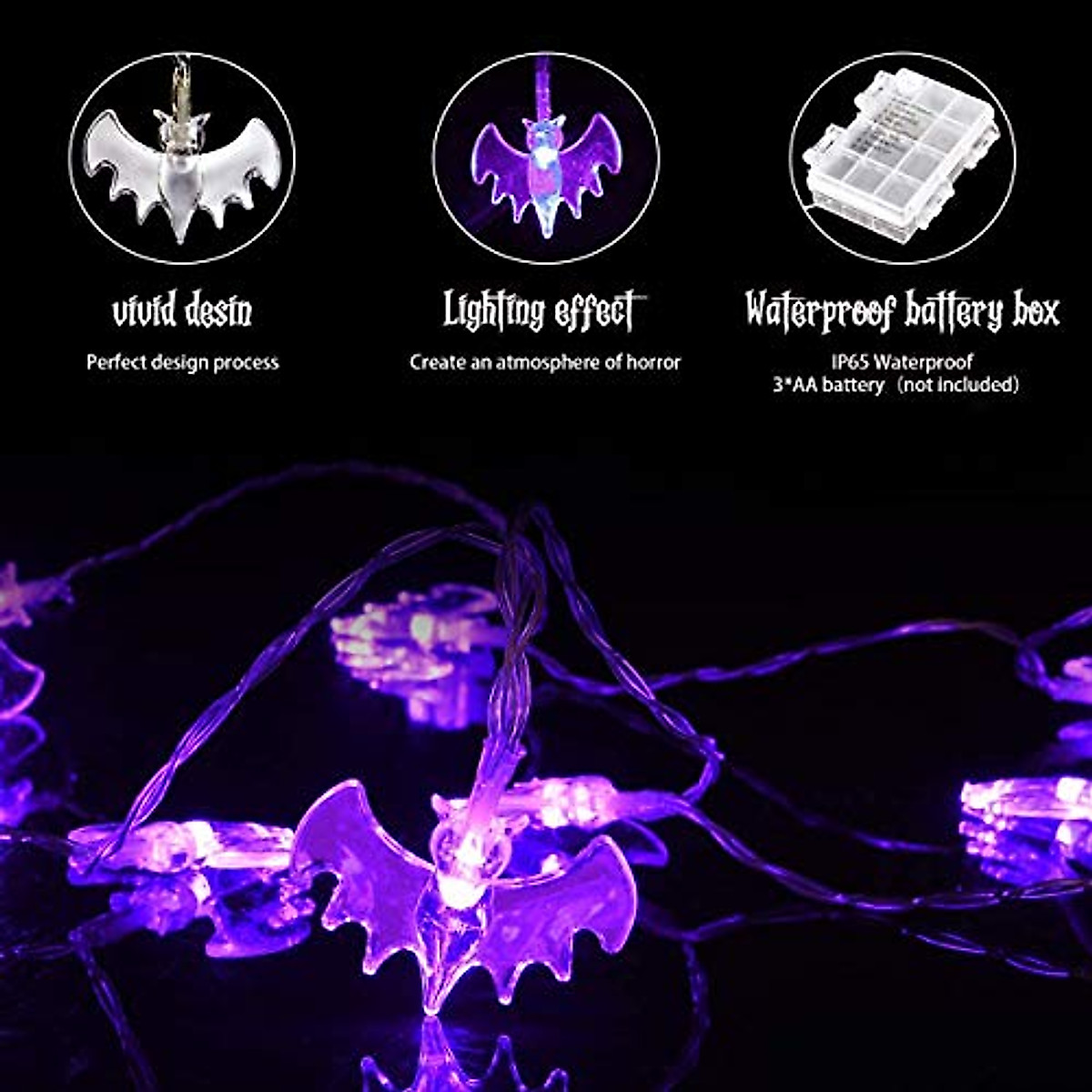Kandice Halloween Light String, Eight Modes&Remote Control Function Outdoor Halloween bat Lights, Battery-Powered IP65 Waterproof Bat String Lights, Perfect for Decorating Indoors or Outdoors