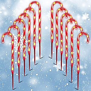 GLOWNOVA 12 Pack 16.5'' Christmas Candy Cane Pathway Markers, Xmas Pathway Lights Outdoor with 70 Warm White Lights for Walkway Garden Lawn Holiday Decorations