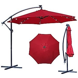 Blissun 10ft Offset Umbrella with 36 Solar LED Lights, Hanging Lighted Patio Umbrella with 360 Rotation, Outdoor Cantilever Umbrella (Red)