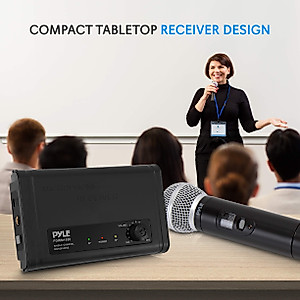 PYLE Compact UHF Wireless Microphone System - Pro Portable Single Channel Desktop Digital Mic Receiver Set w/ 1 Handheld Mic, Receiver Base, USB Cable, Battery, for Home, PA, Karaoke, DJ PDWM1950
