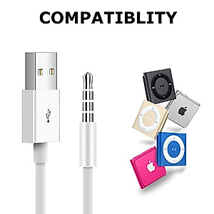 for iPod Shuffle Cable, 2-Pack 3.5mm Jack Plug to USB Charger + SYNC Data Replacement Cable Compatible for Apple iPod Shuffle 3rd 4th 5th Generation MP3/MP4 - White