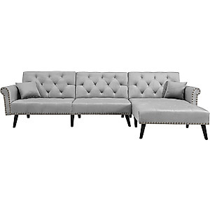DNYN 115" Sectional Reversible Sofa with 2 Pillows & Chaise Lounge & Button Tufted L-Shaped Nailhead Decor Corner Sofá Convertible Sleeper Velvet Couch Bed for Living Room Furniture, Light Gray