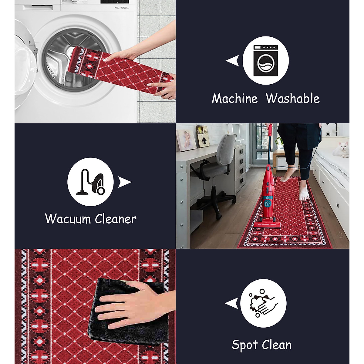 Gloria Non Slip Rubber Back Checkered Design Kitchen Rug Kitchen Runner Kitchen Mat Carpet for Kitchen Anti Slip Stair Treads (Checkered-Red, Runner (23"x84"))