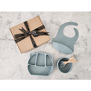 Oliver & Sage Baby, Toddler Silicone Feeding Set, Tableware Set | BPA Free | Suction Bowl Suction Plate | Adjustable Bib | Wooden Spoon/Fork Utensils | Waterproof | Easy Clean|5 Piece (Dusty Blue)