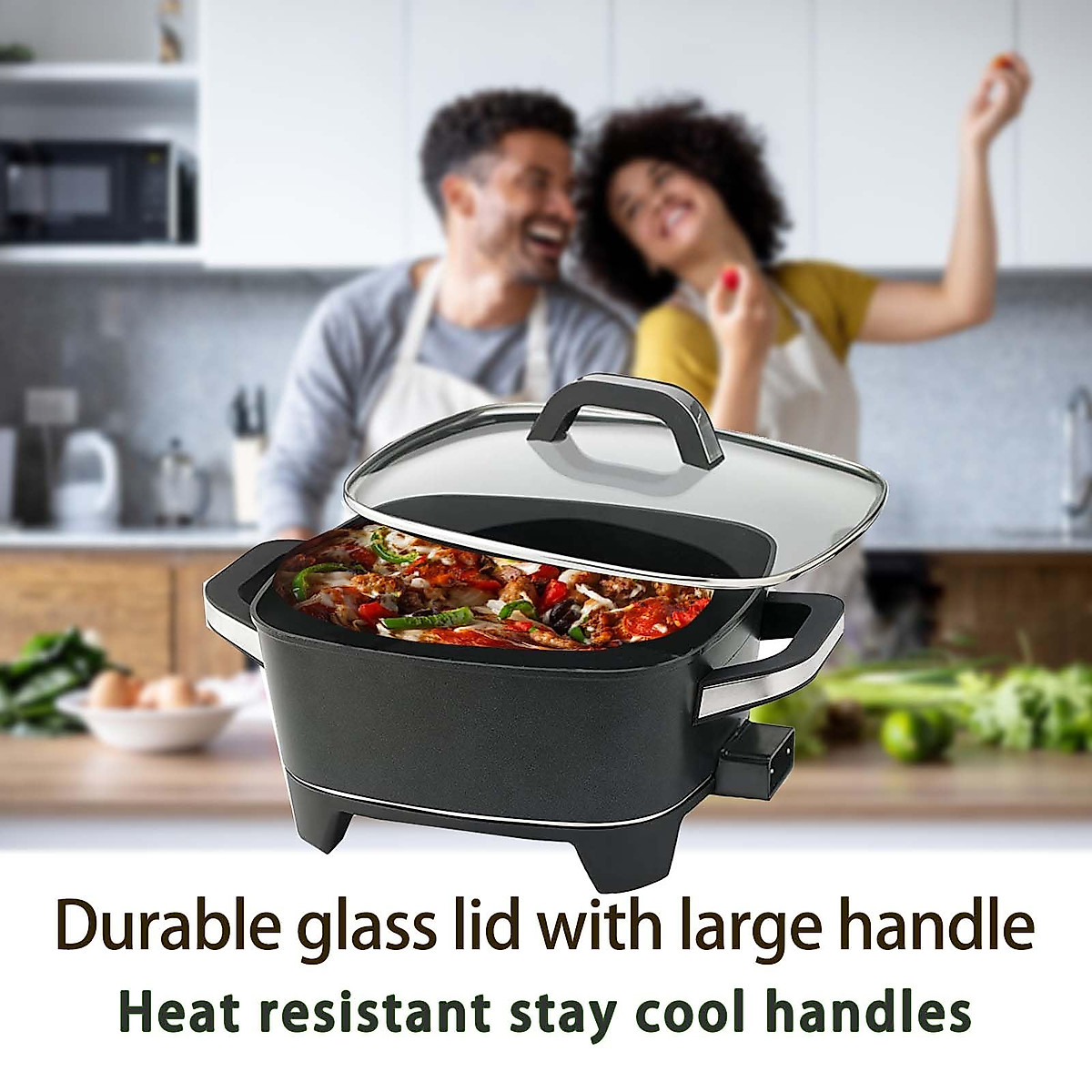 Extra Deep 4-inch Electric Skillet - 12inch Frying pan with Stay Cool Handles, Nonstick Coating, Temperature Control(Black)