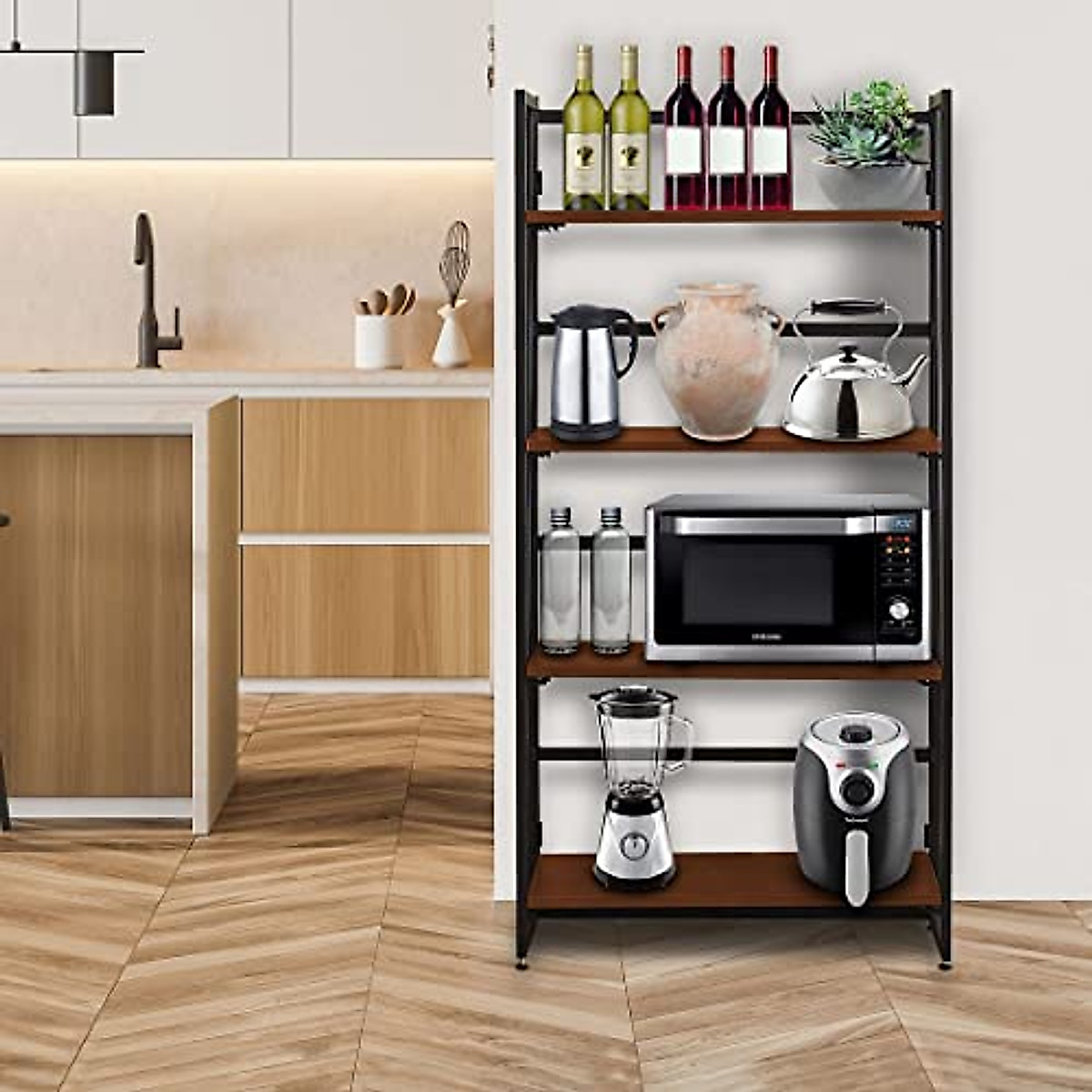 Halter 4-Tier Industrial Bookshelf Standing Shelving Unit Folding Book Shelf Organizer Wood Bookshelf Shelves for Living Room Office or Bedroom 2 Pack Brown