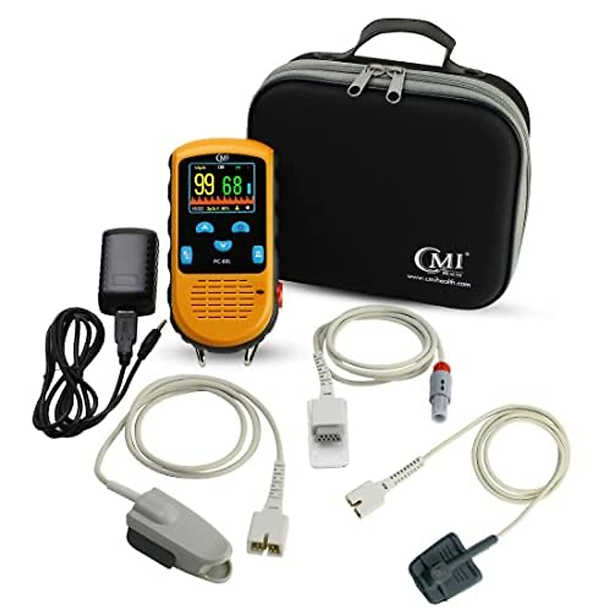 CMI Health Rechargeable Pulse Oximeter - Adult Finger Sensor for Continuous Monitoring & Spot-Checking - Adjustable Alarm for Pulse Rate and SpO2 Levels - Carry Case, AC Adapter Included