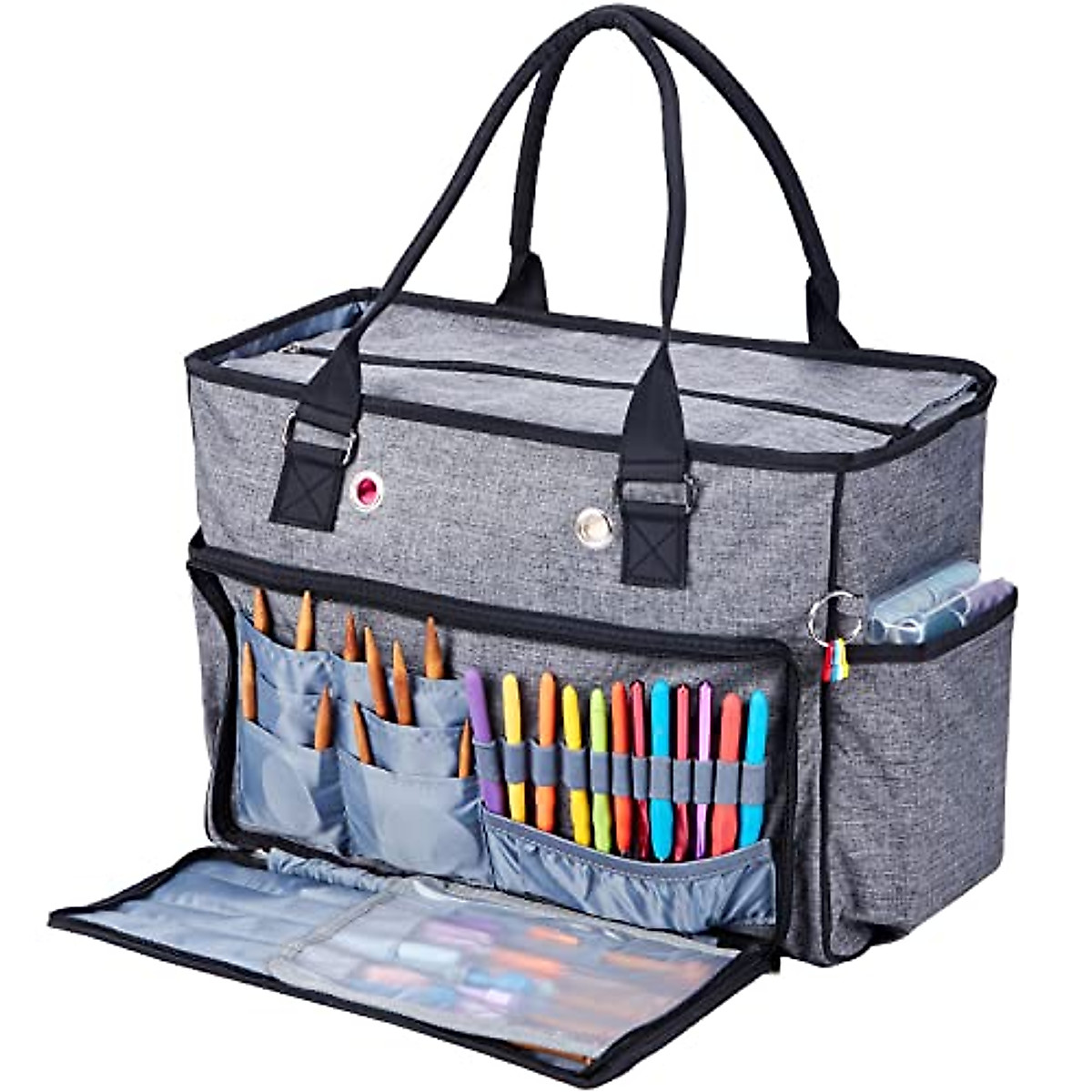 NICOGENA Knitting Bag, Portable Yarn Storage Tote for Yarn Skeins and Accessories Tangle Free with 4 Oversized Grommets, Gray