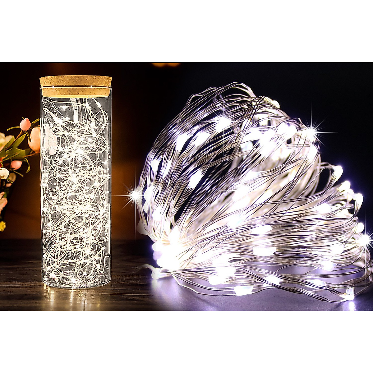 XNNATA Solar String Lights, 33Ft 100 LED Copper Wire Starry String Light, Indoor Outdoor Waterproof Solar Decoration Lights for Gardens, Home, Party Ornaments(White)