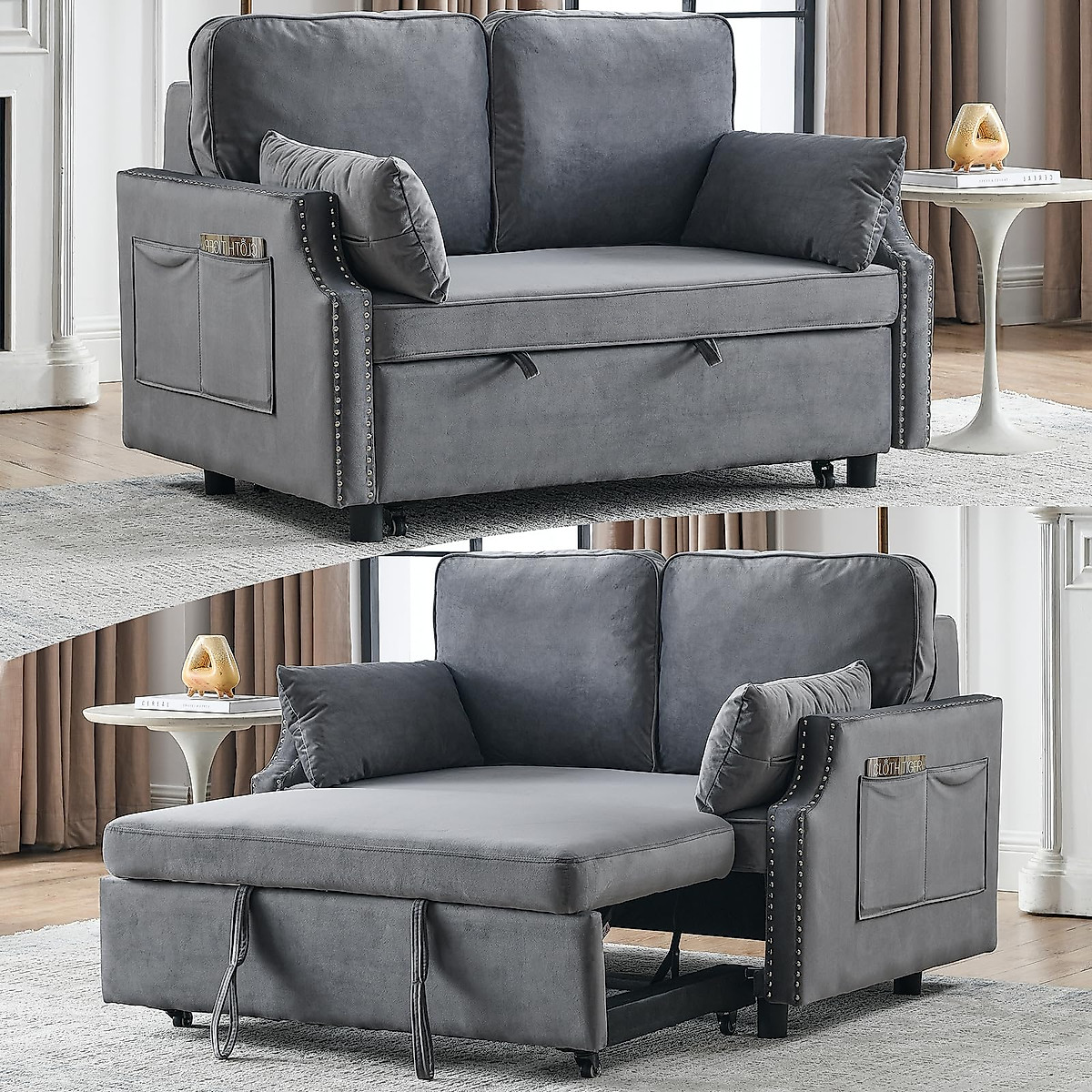 PATAVOT 3 in 1 Sleeper Sofa Couch, Velvet Upholstered Sleeper Sofa Bed with Side Storage Pockets, 2-Seater Pull Out Couch with 2 Pillows and Removeable Backrest for Living Room, Apartment, Grey.