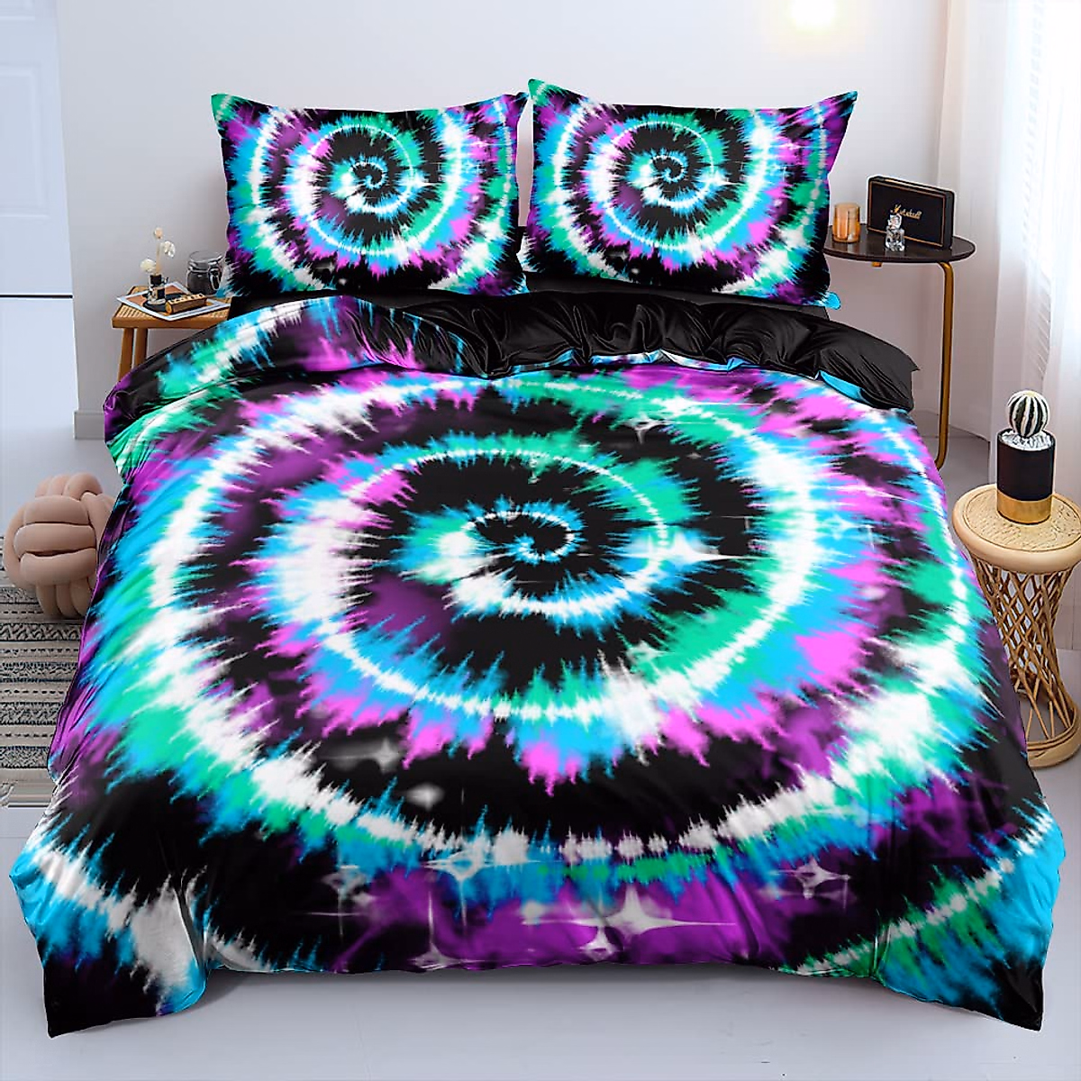 Holiyjog Tie Dye Duvet Cover Set King Size Tie Dye Purple Blue Bed Set Girls Comforter Cover and Pillow Shams for Women Decor Bedroom