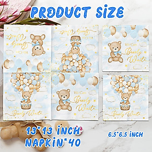 We Can Bearly Wait Baby Shower Napkins, 40Pcs Blue Bear Baby Shower Decorations Napkins, Teddy Bear Favors Napkins Cocktail Dessert Paper Napkin for Kids Gender Reveal Party Supplies