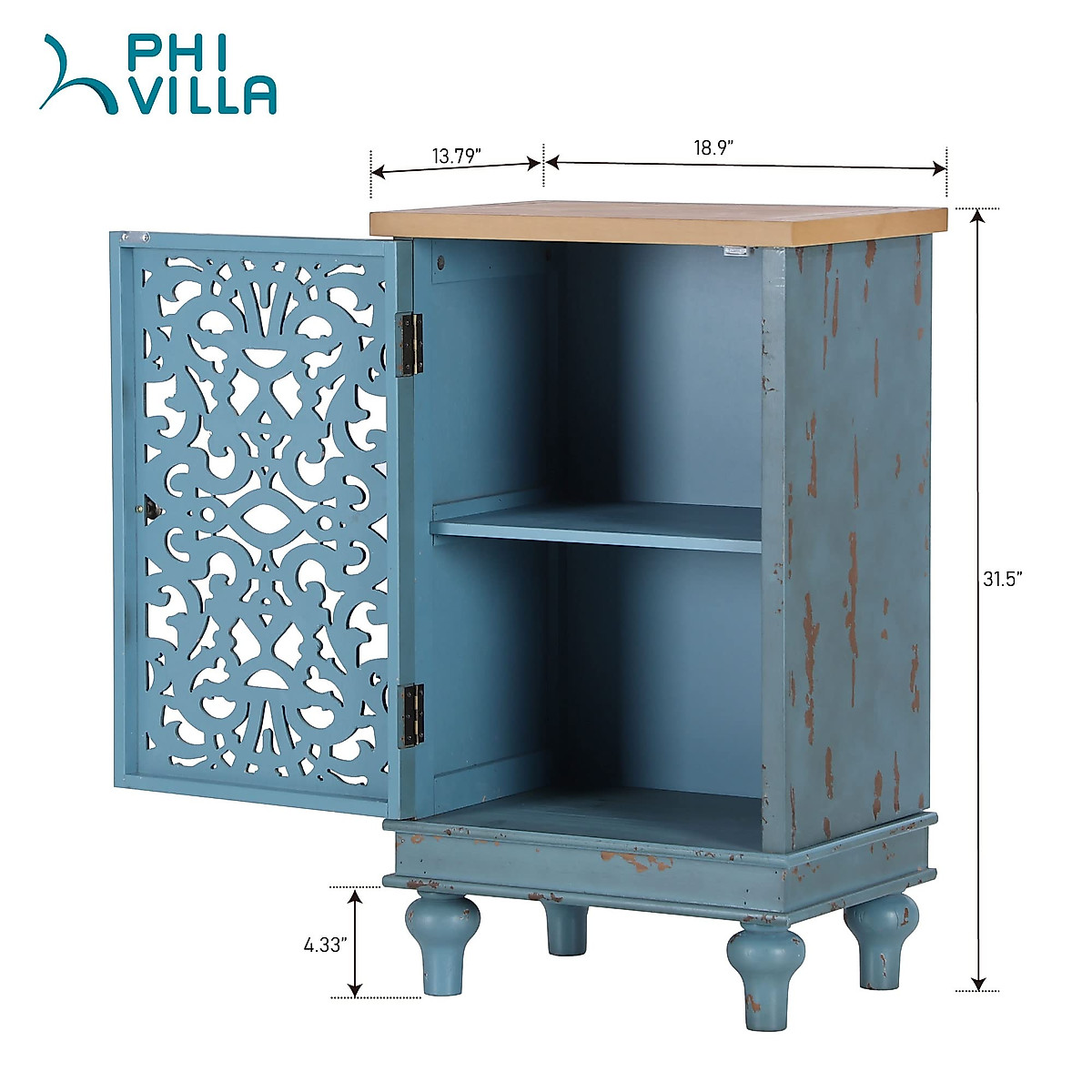 PHI VILLA Small Accent Storage Cabinet with Single Door - Decorative Nightstand for Living Room Bedroom, End Side Table Cabinet Blue