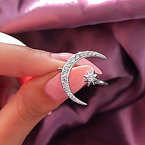 FUTIMELY Moon Crescent Star Ring for Women Adjustable Moon Sun CZ Statement Ring Dainty Crystal Crescent Finger Ring (Silver)