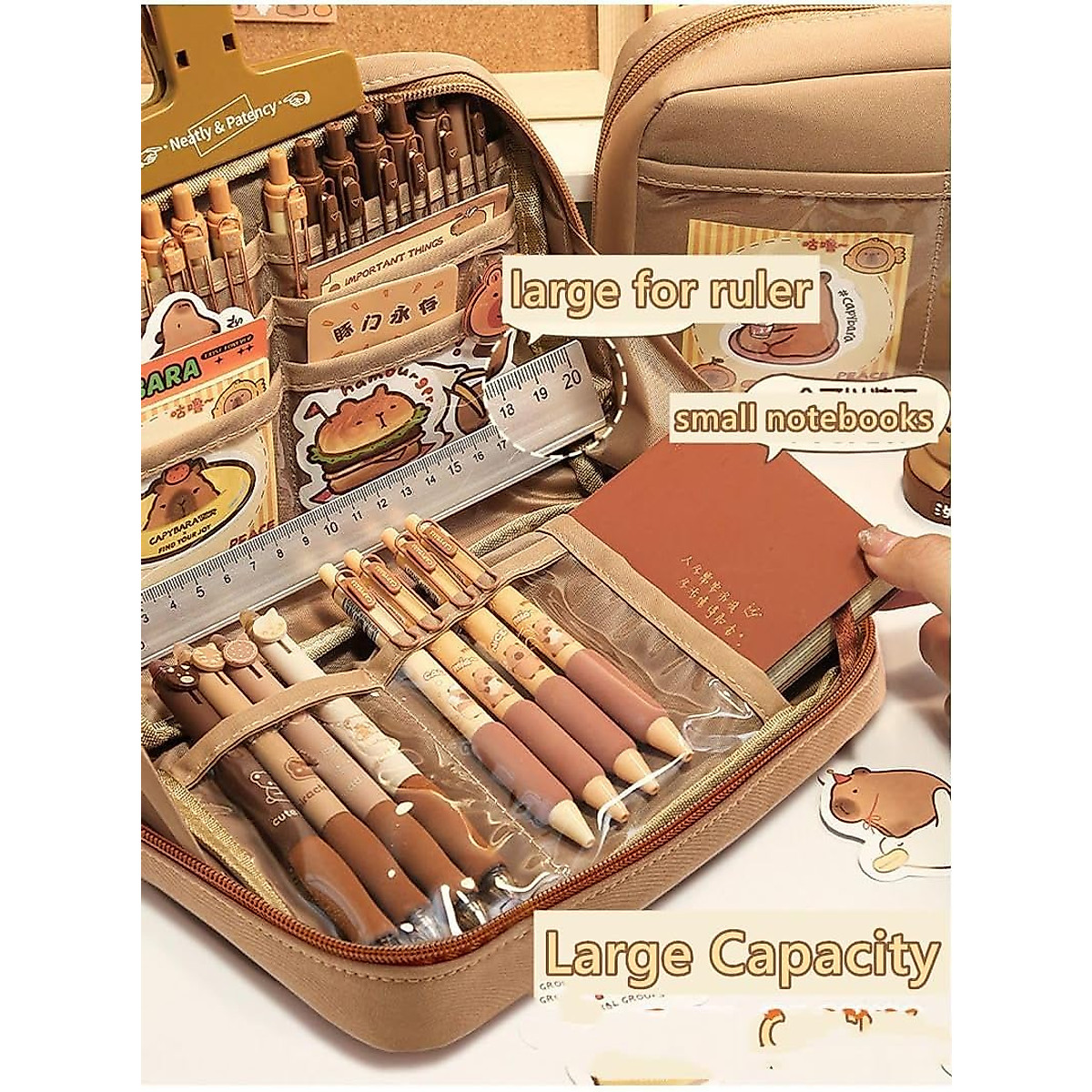 LEEWENYAN Capybara Pencil Case with 12 Compartments 90° Wide Opening Mouth Pencil Pouch with Kawaii Pins Plush Cute Stationery (Brown)