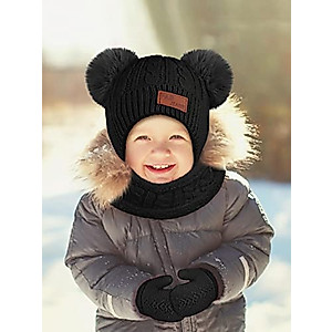 Cooraby 3 Pieces Toddler Winter Knitted Hat Scarf Gloves Set Knit Fleece Lined Thermal Set for Boys Girls, Black