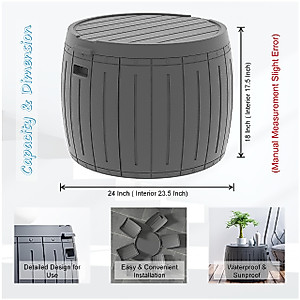 Mrosaa Deck Box Round, Patio Table, Waterproof Outdoor Storage Box for Kid Toys, Patio Furniture, Pool Tools, Outdoor Uses, Sports Equipment, Waterproof and UV Resistant Resin, 27 Gallons Grey…