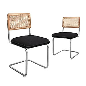 CangLong Mid-Century Modern, Natural Mesh Rattan Backrest, Upholstered Fleece Seat Armless Chairs with Metal Legs for Home Kitchen Dining Room, Set of 2, Black