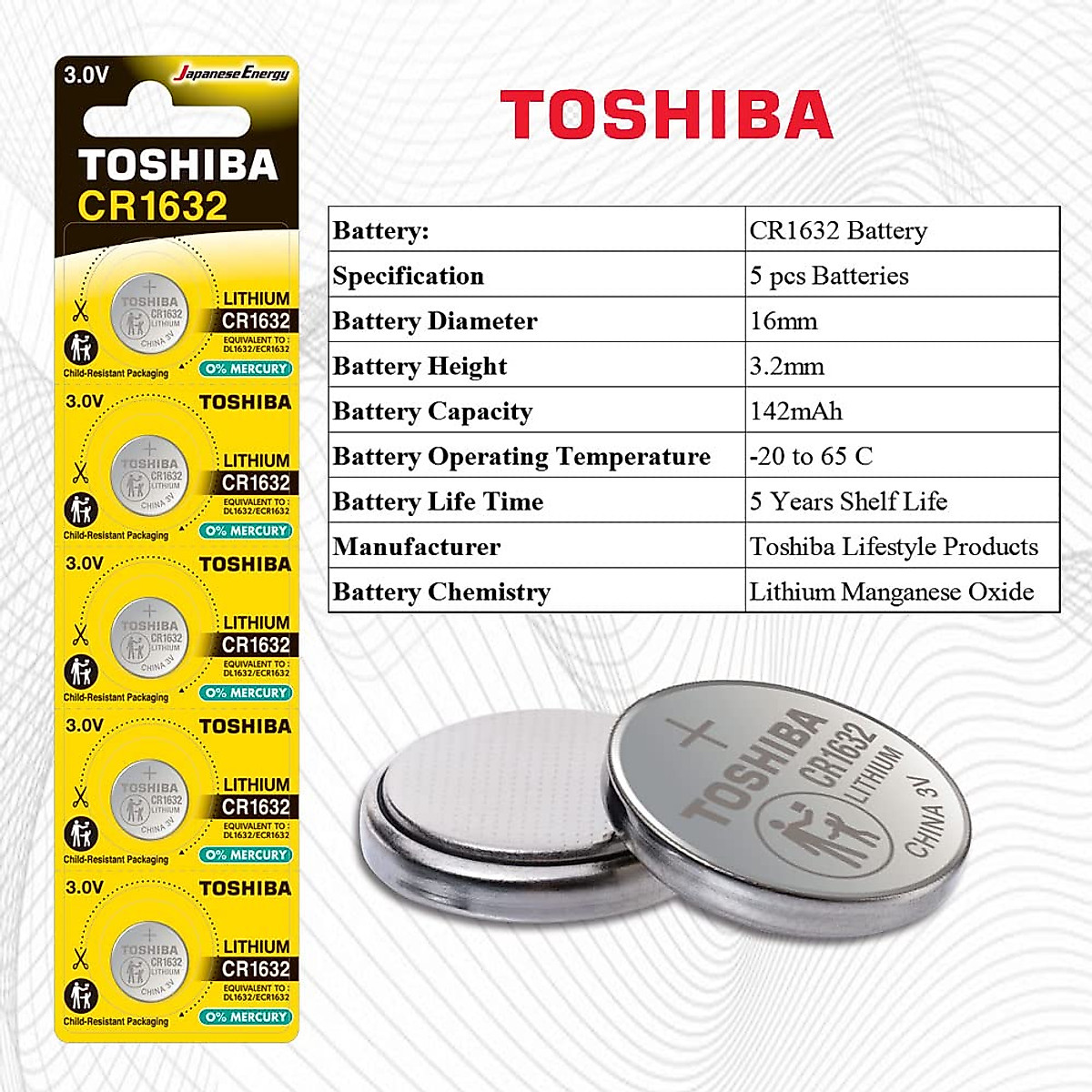 TOSHIBA CR1632 3V Lithium Coin Cell Battery 5 Batteries Strip Child-Resistant Packaging