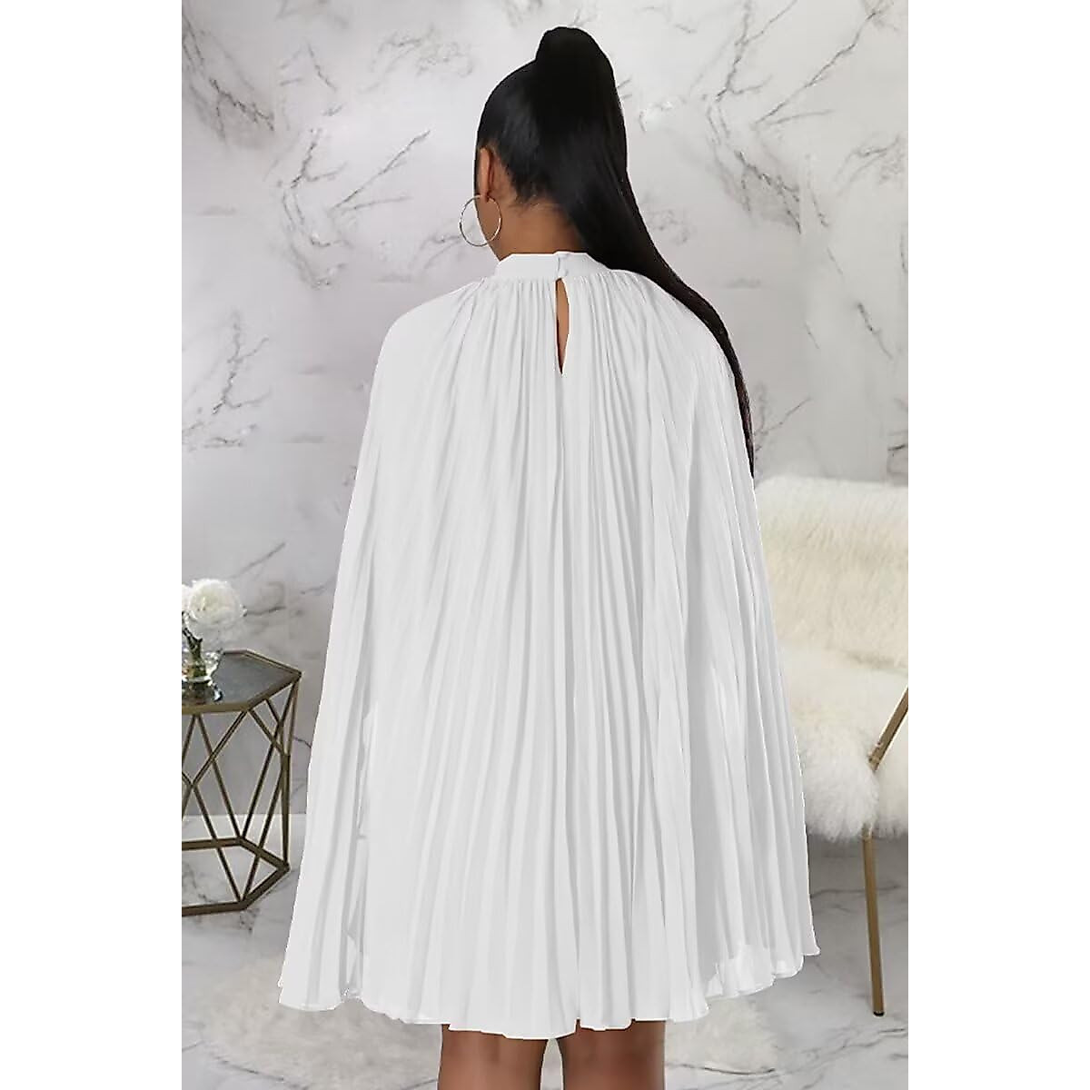 Ekaliy Women’s Chiffon Pleated Cape Dress Cloak Sleeve Knee Length Wedding Guest Shift Dress White M