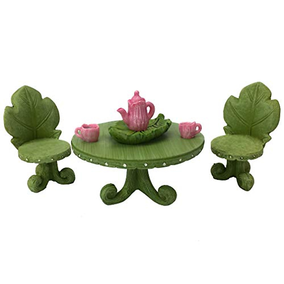 Miniature Fairy Garden Furniture Set: Leaf Bistro Set with Tea Set for Fairies and Garden Gnomes