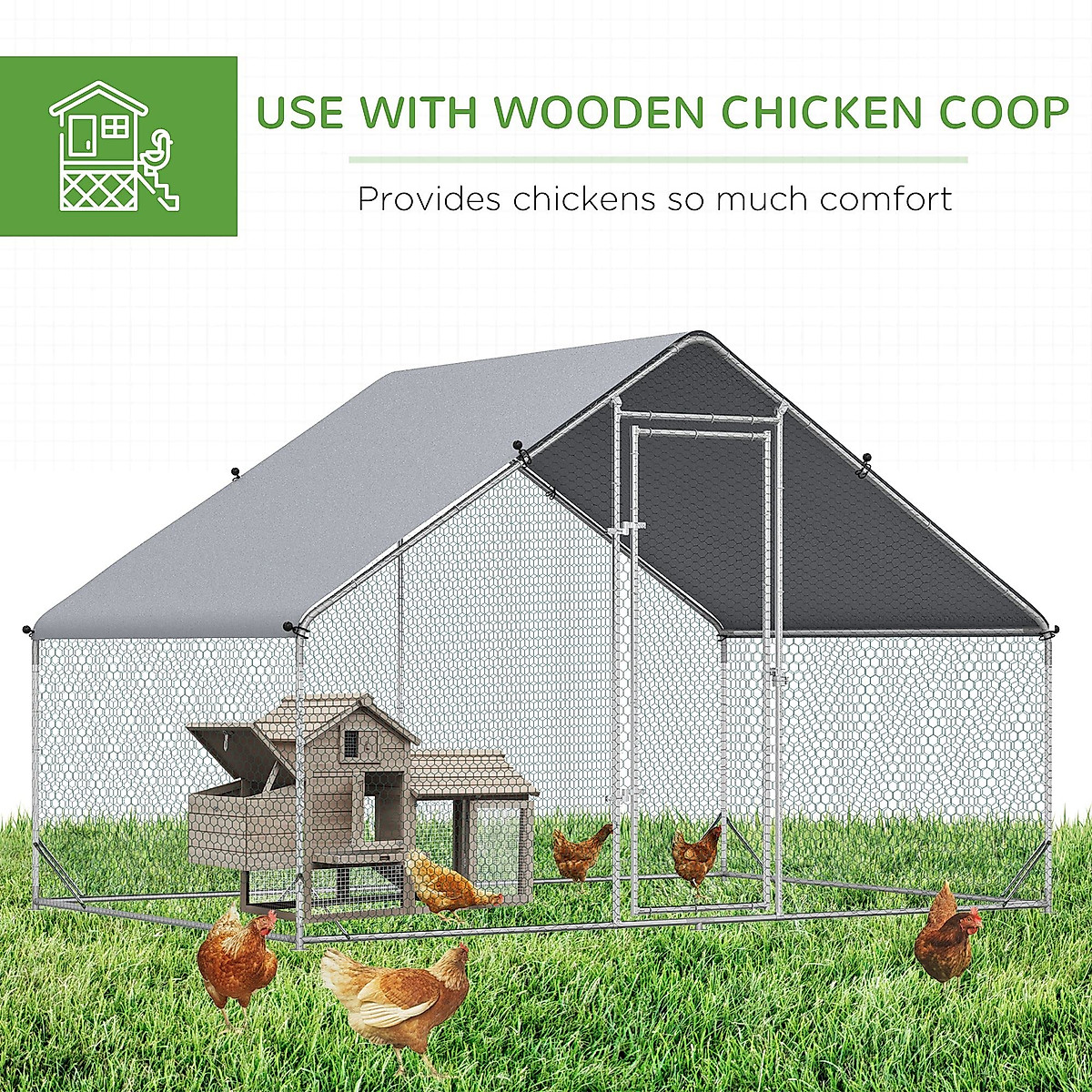 PawHut Large Chicken Coop Metal Chicken Run with Waterproof and Anti-UV Cover, Spire Shaped Walk in Fence Cage Hen House for Outdoor and Yard Farm Use, 1" Tube Diameter, 9.8' x 6.6' x 6.6'