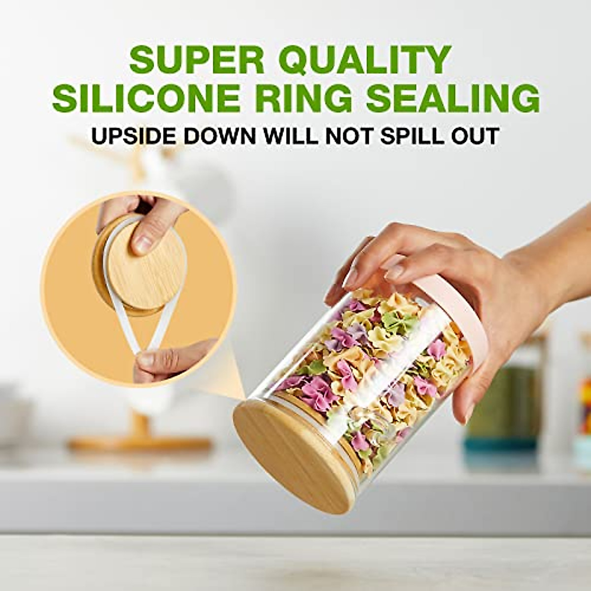 Mfacoy Set of 4 Airtight Glass Jars with Bamboo Lids & Spoons, 17 oz Borosilicate Glass Jars Containers, Clear Food Storage Canister for Cookie, Candy, Coffee, Sugar, Matcha Tea, Flour